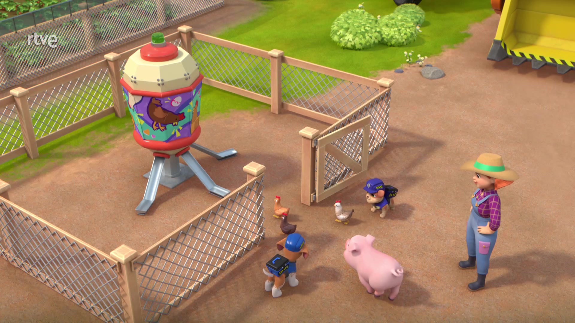 The crew builds a chicken feeder