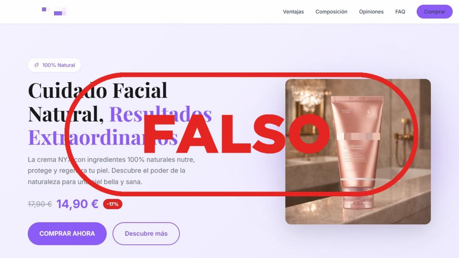 Esta página web anuncia una crema facial de forma fraudulenta